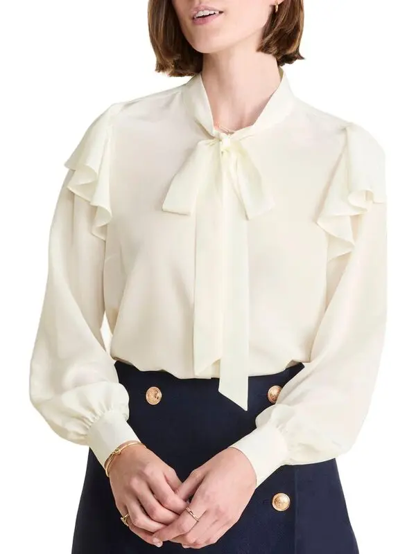 Vineyard Vines Tie Neck Silk Crêpe De Chine Blouse - Marshmallow
