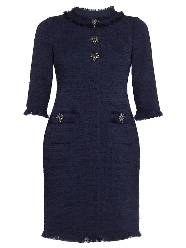Rickie Freeman For Teri Jon Fringe-trim Boucle Dress - Navy