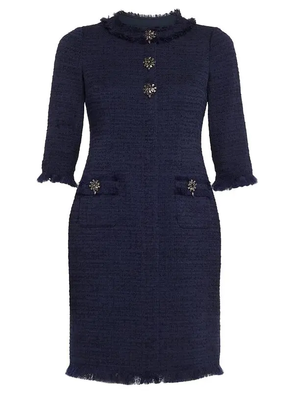 Rickie Freeman For Teri Jon Fringe-trim Boucle Dress - Navy
