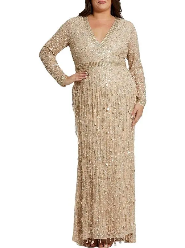 Mac Duggal Plus Embellished Fringe Gown - Nude Gold
