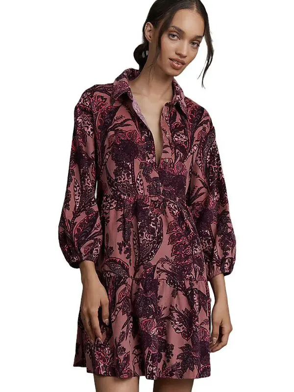 Maeve The Bettina Corduroy Tiered Mini Shirt Dress - Purple Floral