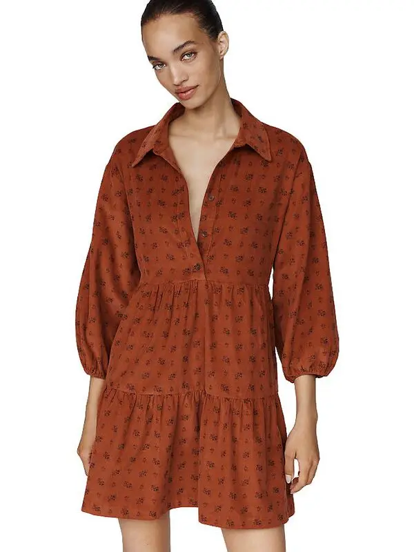 Maeve Corduroy Tiered Mini Shirtdress - Rust