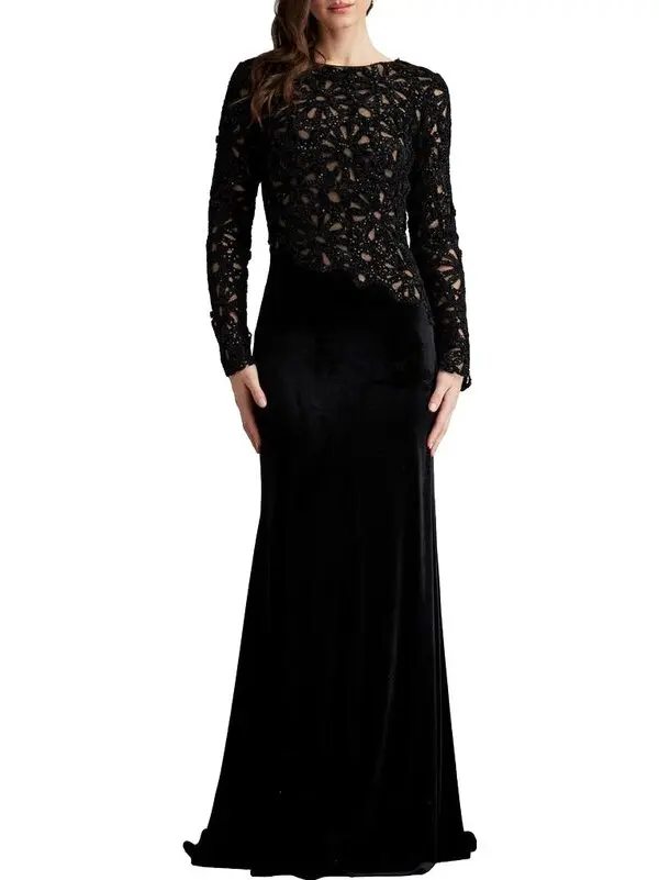 Tadashi Shoji Sequin Lace Bodice Velvet Gown - Black/ Nude