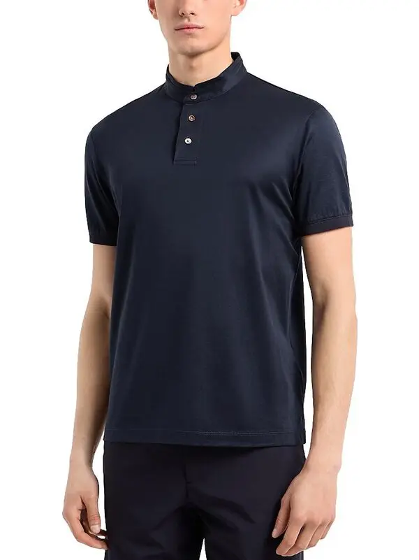Emporio Armani Jersey Knit Regular Fit Band Collar Polo Shirt - Solid Blue