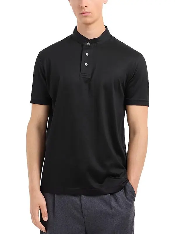 Emporio Armani Jersey Knit Regular Fit Band Collar Polo Shirt - Solid Black