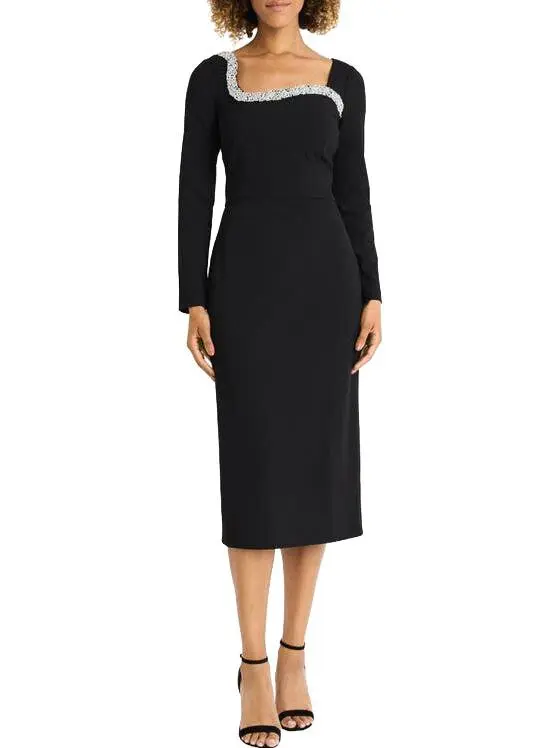 Maggy London Beaded Long Sleeve Midi Dress - Black