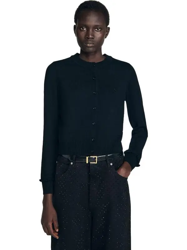 Sandro Ruffled Knitted Cardigan - Black