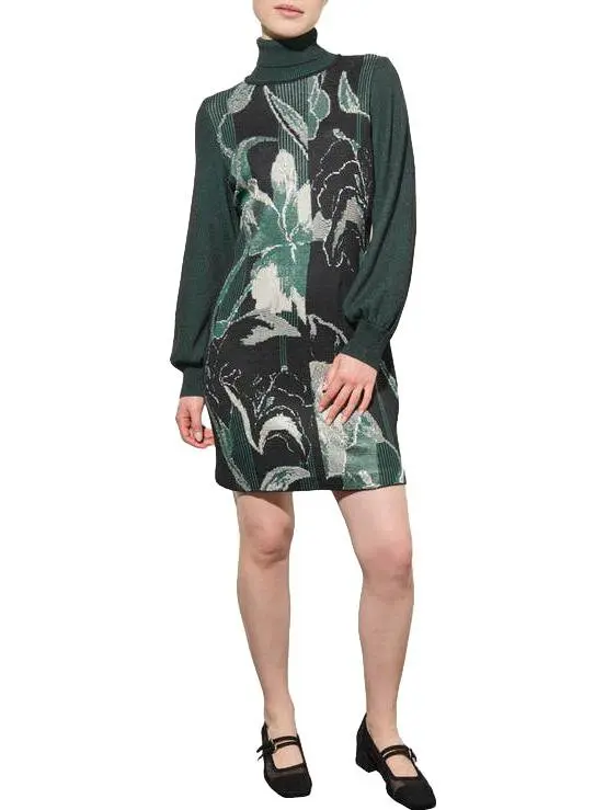 Ming Wang Botanical Jacquard Knit Sweater Dress - Black/ Forest
