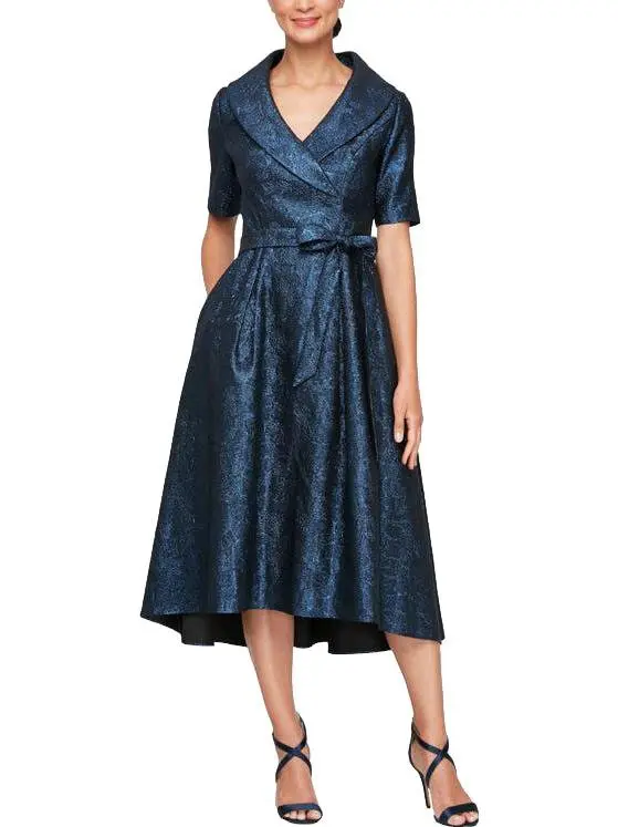 Alex Evenings Metallic Jacquard Portrait Collar Cocktail Midi Dress - Royal