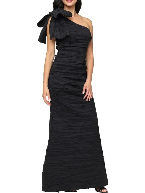 Alex Evenings Bow Detail One-shoulder Ruched Gown - Black