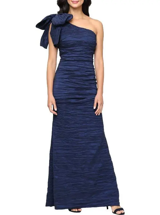Alex Evenings Bow Detail One-shoulder Ruched Gown - Navy
