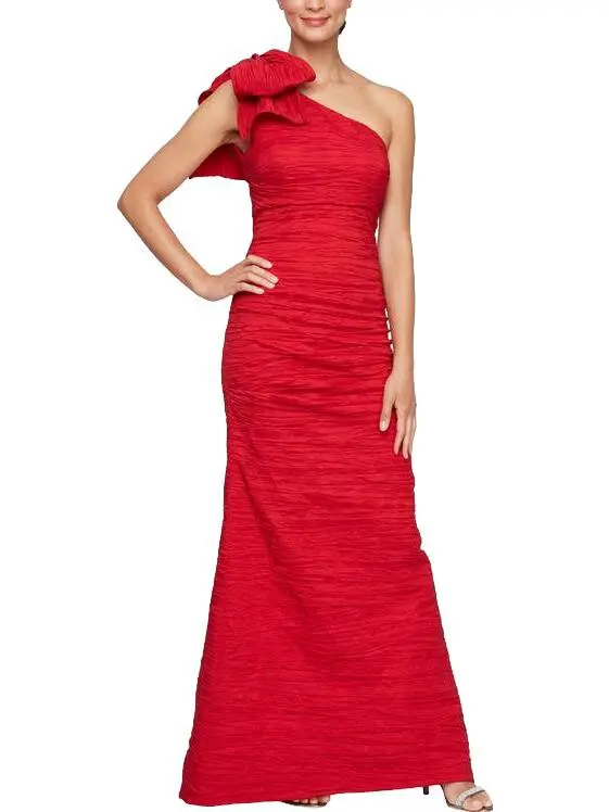 Alex Evenings Bow Detail One-shoulder Ruched Gown - Red