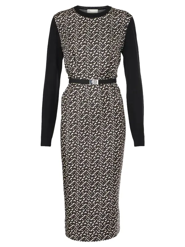 Tory Burch Belted Silk-trimmed Wool Midi Dress - Black