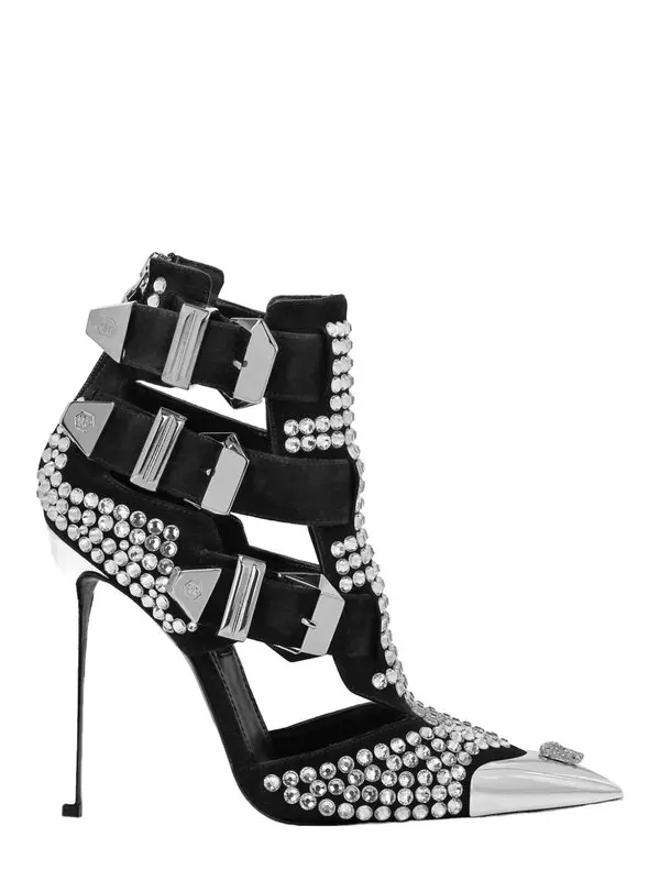 Philipp Plein Suede Embellished Skull High Heel Sandals - Silver