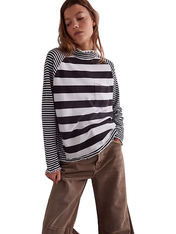 Free People Striped Cotton Tee - Black And White Combo