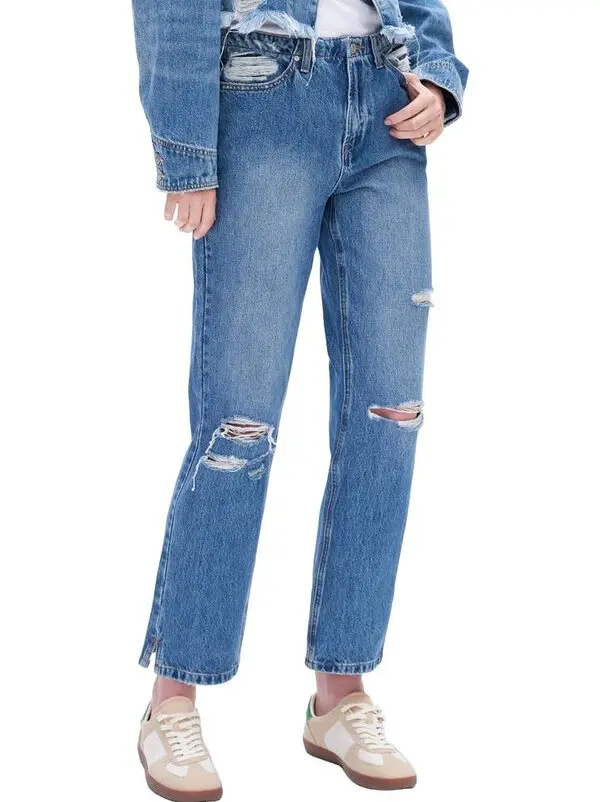 BAYEAS High-rise Distressed Mom Jeans - Viviblue