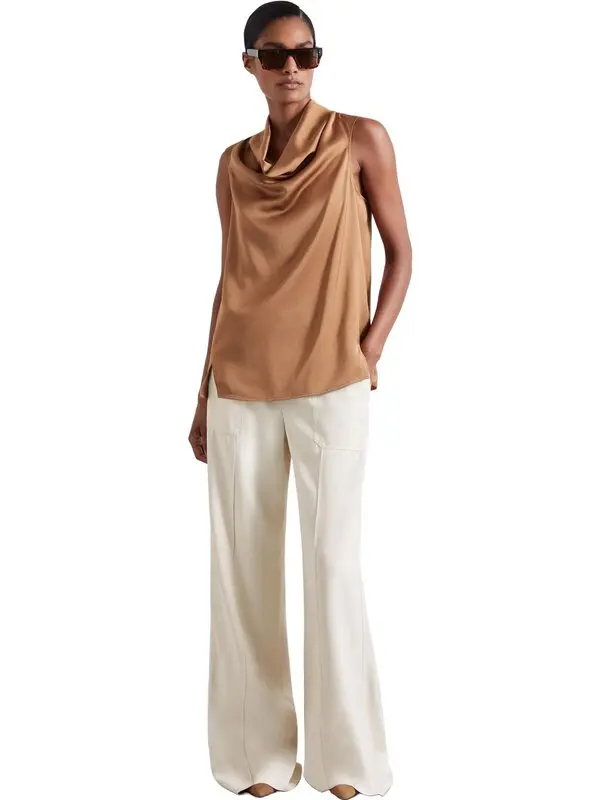 REISS Manon Atelier Satin Cowl-neck Top - Tan