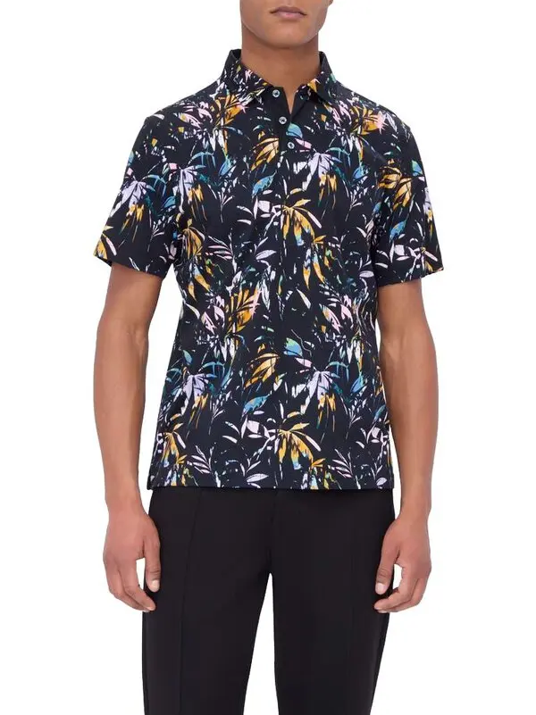 Bugatchi Hendrix Digital Leaf Print Pima Cotton Polo - Black
