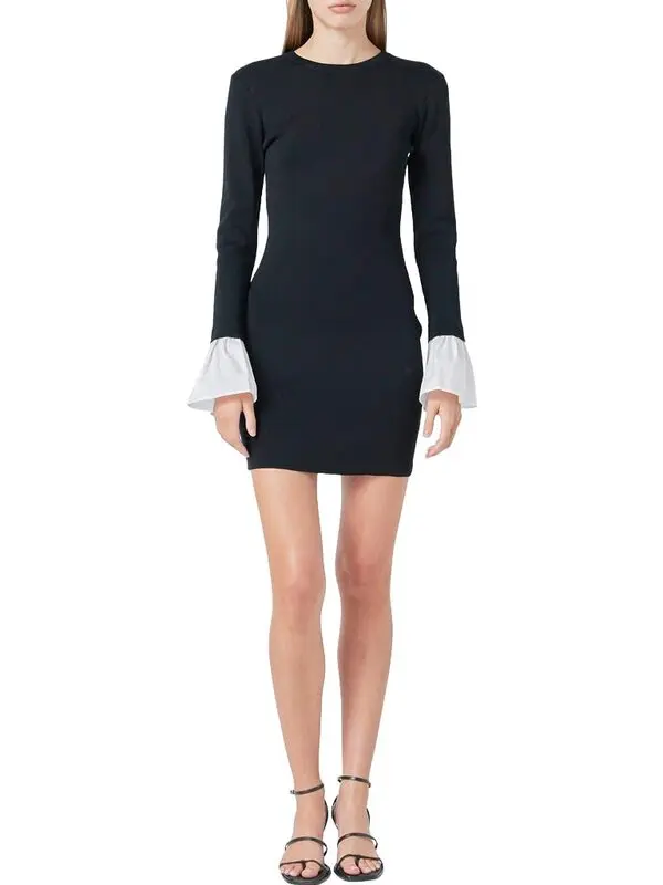 Endless Rose Contrast Cuff Mini Sweater Dress - Black