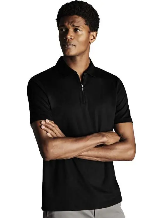 CHARLES TYRWHITT Plain Short Sleeve Zip Jersey Polo - Black