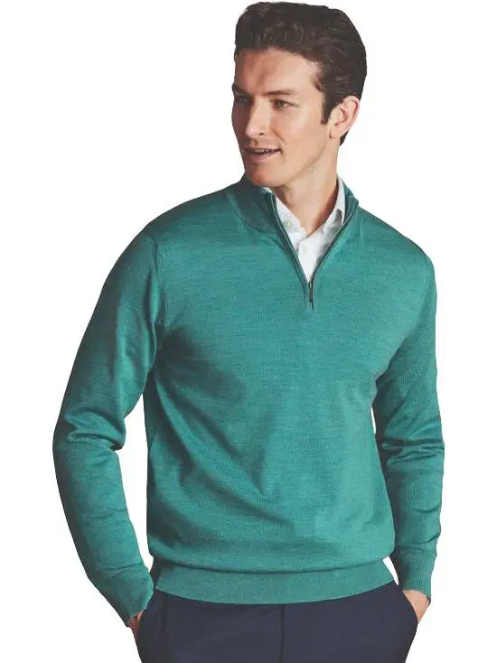 CHARLES TYRWHITT Pure Merino Zip Neck Sweater - Aqua Green