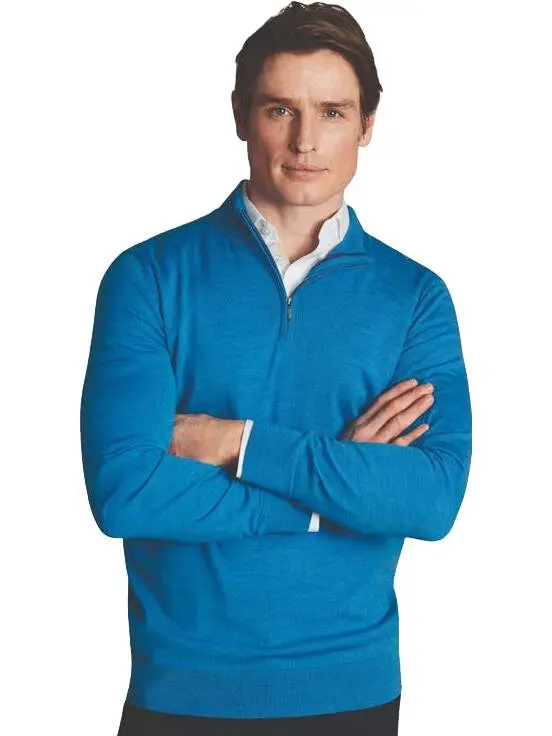 CHARLES TYRWHITT Pure Merino Zip Neck Sweater - Bright Blue