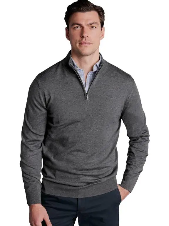 CHARLES TYRWHITT Pure Merino Zip Neck Sweater - Grey