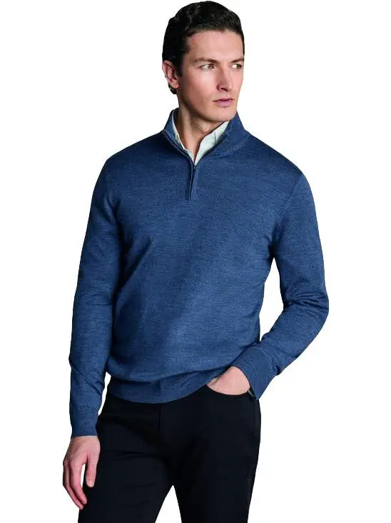 CHARLES TYRWHITT Pure Merino Zip Neck Sweater - Indigo Blue