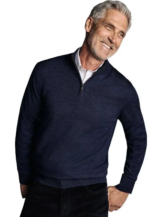 CHARLES TYRWHITT Pure Merino Zip Neck Sweater - Ink Blue