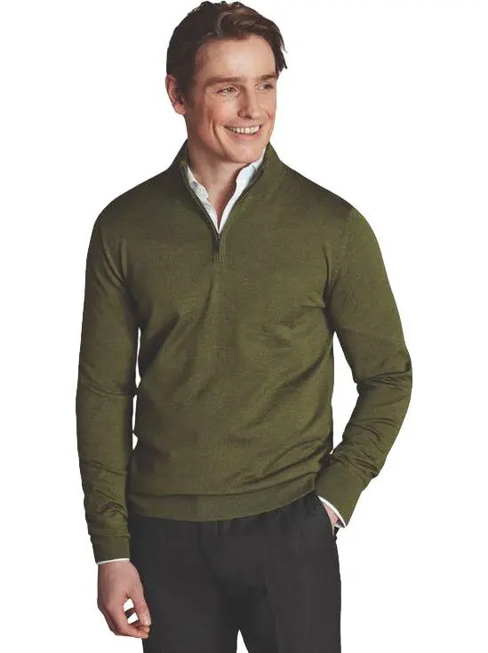 CHARLES TYRWHITT Pure Merino Zip Neck Sweater - Moss Green