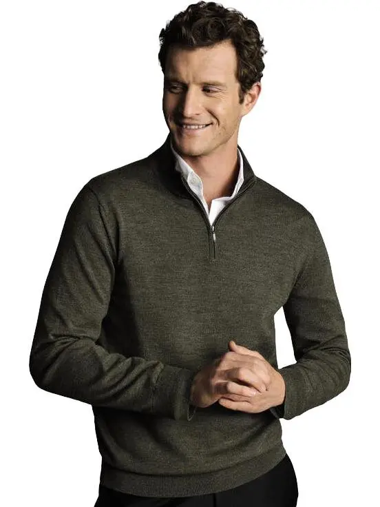 CHARLES TYRWHITT Pure Merino Zip Neck Sweater - Olive Green