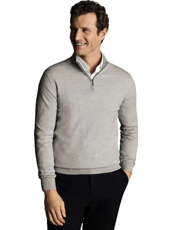 CHARLES TYRWHITT Pure Merino Zip Neck Sweater - Silver Grey