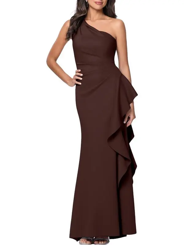 XSCAPE EVENINGS One-shoulder Ruffle Scuba Crepe Gown - Brown