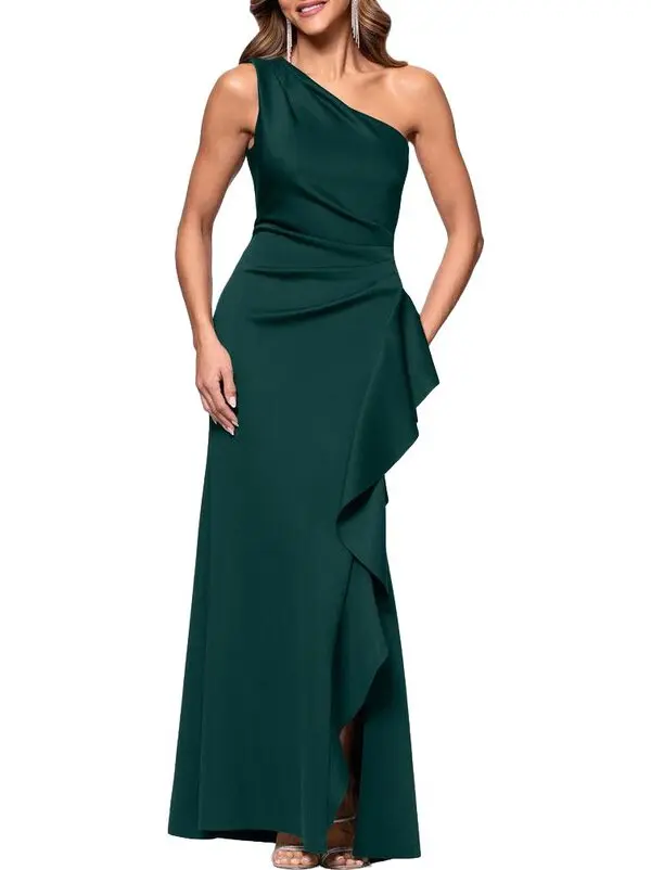 XSCAPE EVENINGS One-shoulder Ruffle Scuba Crepe Gown - Hunter