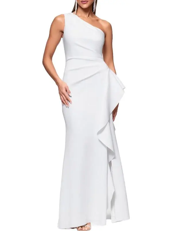 XSCAPE EVENINGS One-shoulder Ruffle Scuba Crepe Gown - Ivory