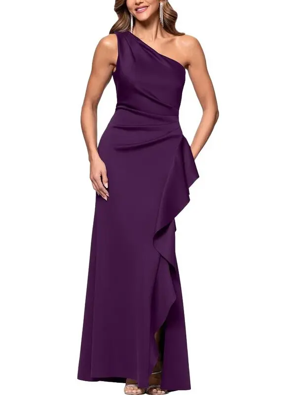 XSCAPE EVENINGS One-shoulder Ruffle Scuba Crepe Gown - Plum