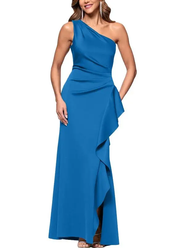 XSCAPE EVENINGS One-shoulder Ruffle Scuba Crepe Gown - Teal