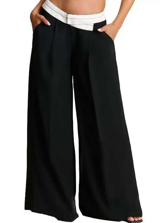 Naked Wardrobe Foldover Waist Wide Leg Trousers - Black