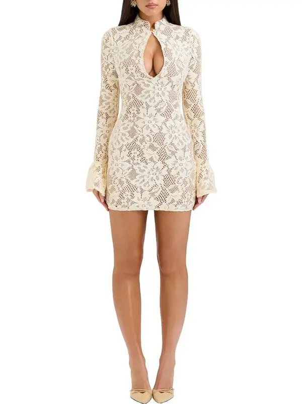 House Of Cb Long Sleeve Lace Body-con Minidress - Shortbread