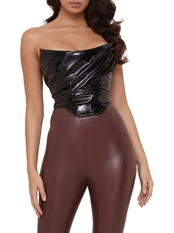 House Of Cb Marla Faux Patent Leather Corset Top - Black