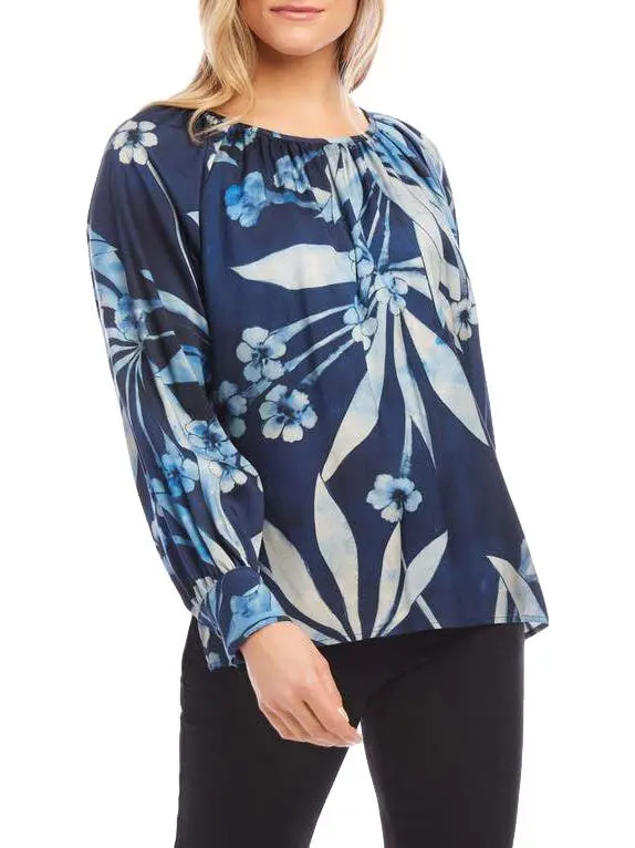 Karen Kane Floral Peasant Top - Blue Print