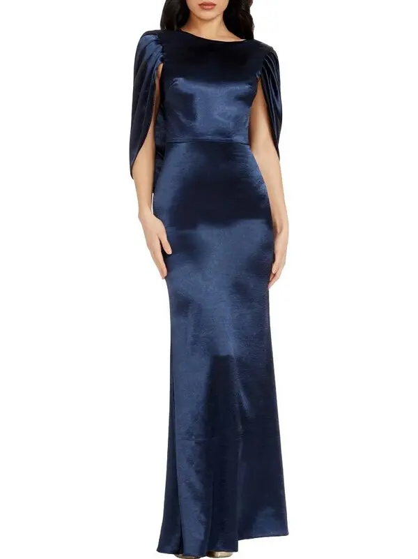Dress The Population Adina Cape Sleeve Satin Trumpet Gown - Navy