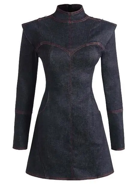 JENDUE Harvey Denim Mini Dress With Mock Neck And Corset Detail - Deep Blue