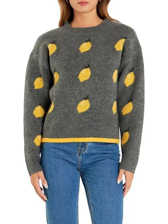 English Factory Lemon Print Crewneck Sweater - Charcoal