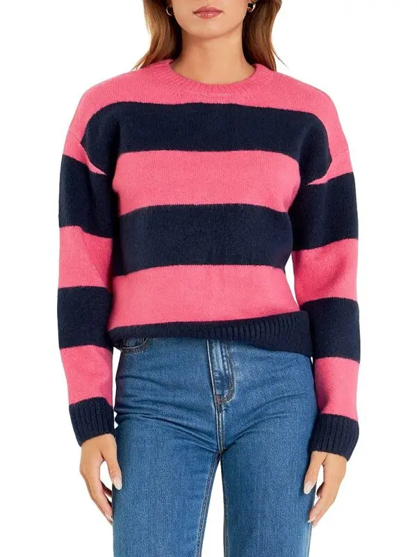 English Factory Bold Stripe Crewneck Sweater - Pink/ Navy