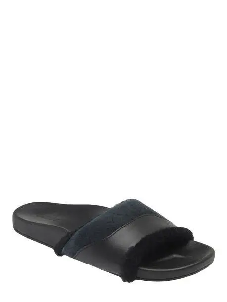 Olukai Hō‘ala Shearling Slide Sandal - Black/ Black