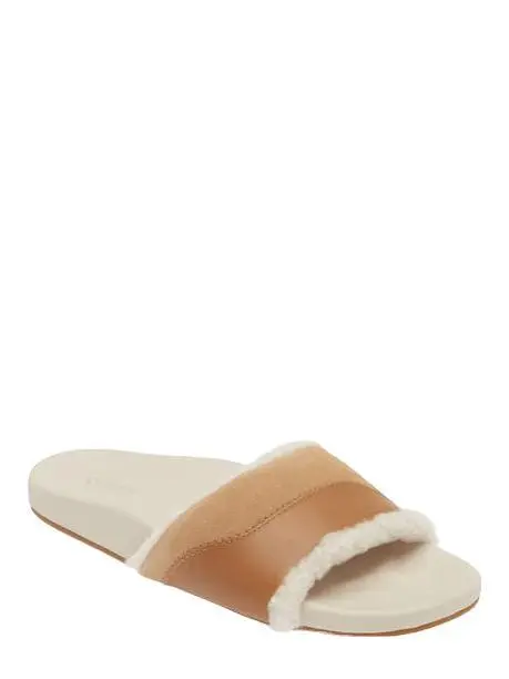 Olukai Hō‘ala Shearling Slide Sandal - Tan/ Puka