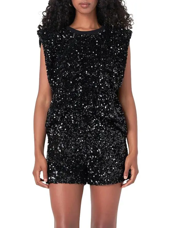 Endless Rose Sequin Padded Shoulder Velvet Top - Black
