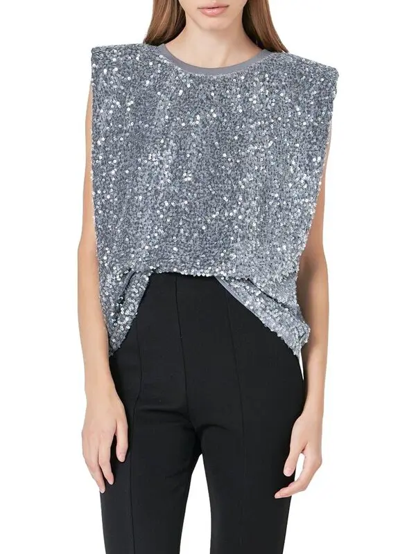 Endless Rose Sequin Padded Shoulder Velvet Top - Grey