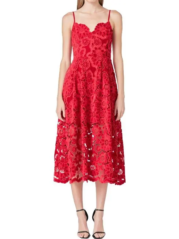 Endless Rose Velvet Lace Midi Dress - Red